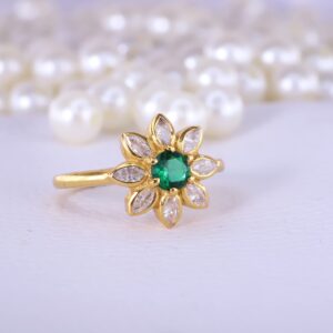 Emerald And Moissanite Floral Wedding Ring Yellow Gold Plated Nature Inspired Ring Women Flower Ring Delicate Jewelry Gift For Wife BY KANISHKA GEMS JEWELS