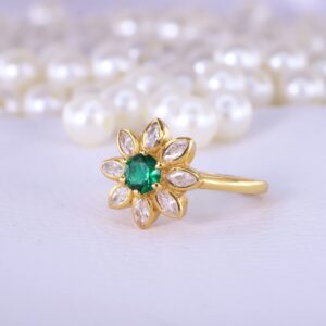 Emerald And Moissanite Floral Wedding Ring Yellow Gold Plated Nature Inspired Ring Women Flower Ring Delicate Jewelry Gift For Wife BY KANISHKA GEMS JEWELS