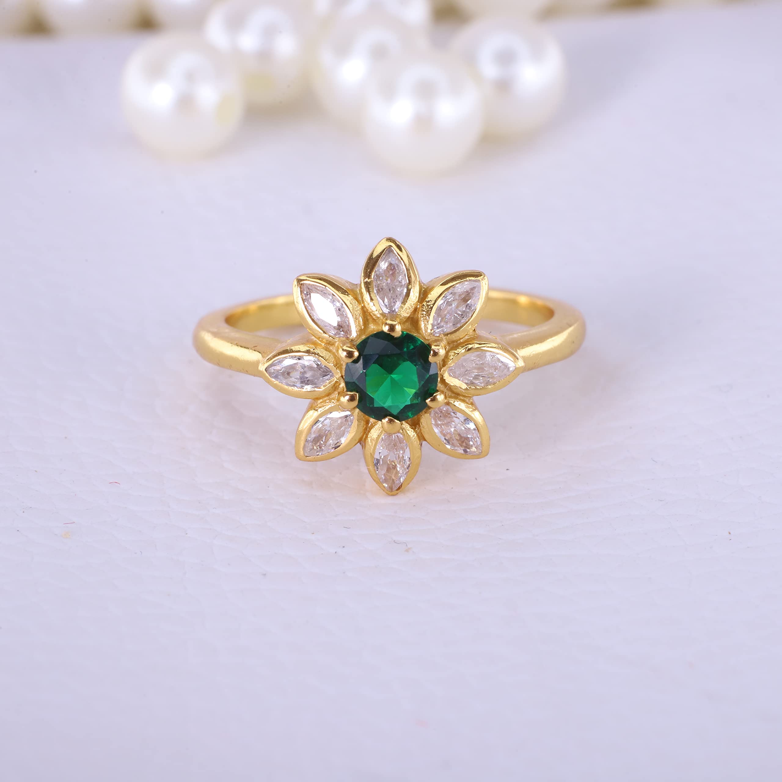 Emerald And Moissanite Floral Wedding Ring Yellow Gold Plated Nature Inspired Ring Women Flower Ring Delicate Jewelry Gift For Wife BY KANISHKA GEMS JEWELS