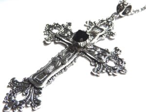 large gothic cross necklace silver-tone pendant with black glass stone, on 24" steel chain