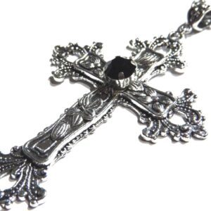 Large Gothic Cross Necklace silver-tone pendant with black glass stone, on 24" steel chain