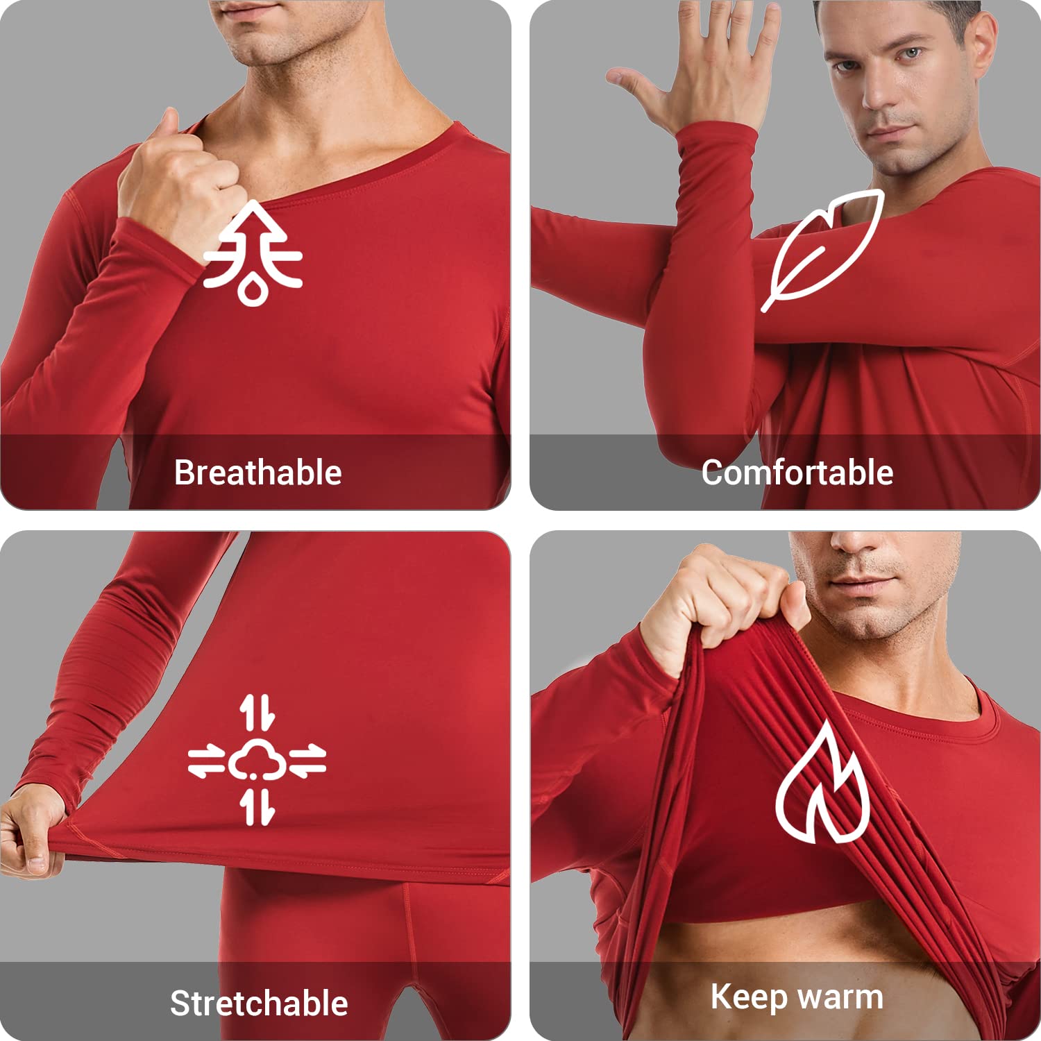 PISIQI Thermal Underwear Men Ultra-Soft Long Johns Set with Fleece Lined Base Layer Winter Skiing Warm Top & Bottom Red