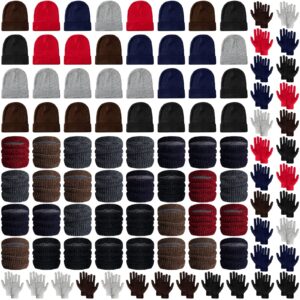 foaincore 96 pieces winter gloves beanies neck warmers set winter knitted hat scarf gloves unisex bulk pack for teens men women wearing homeless winter care charity donation