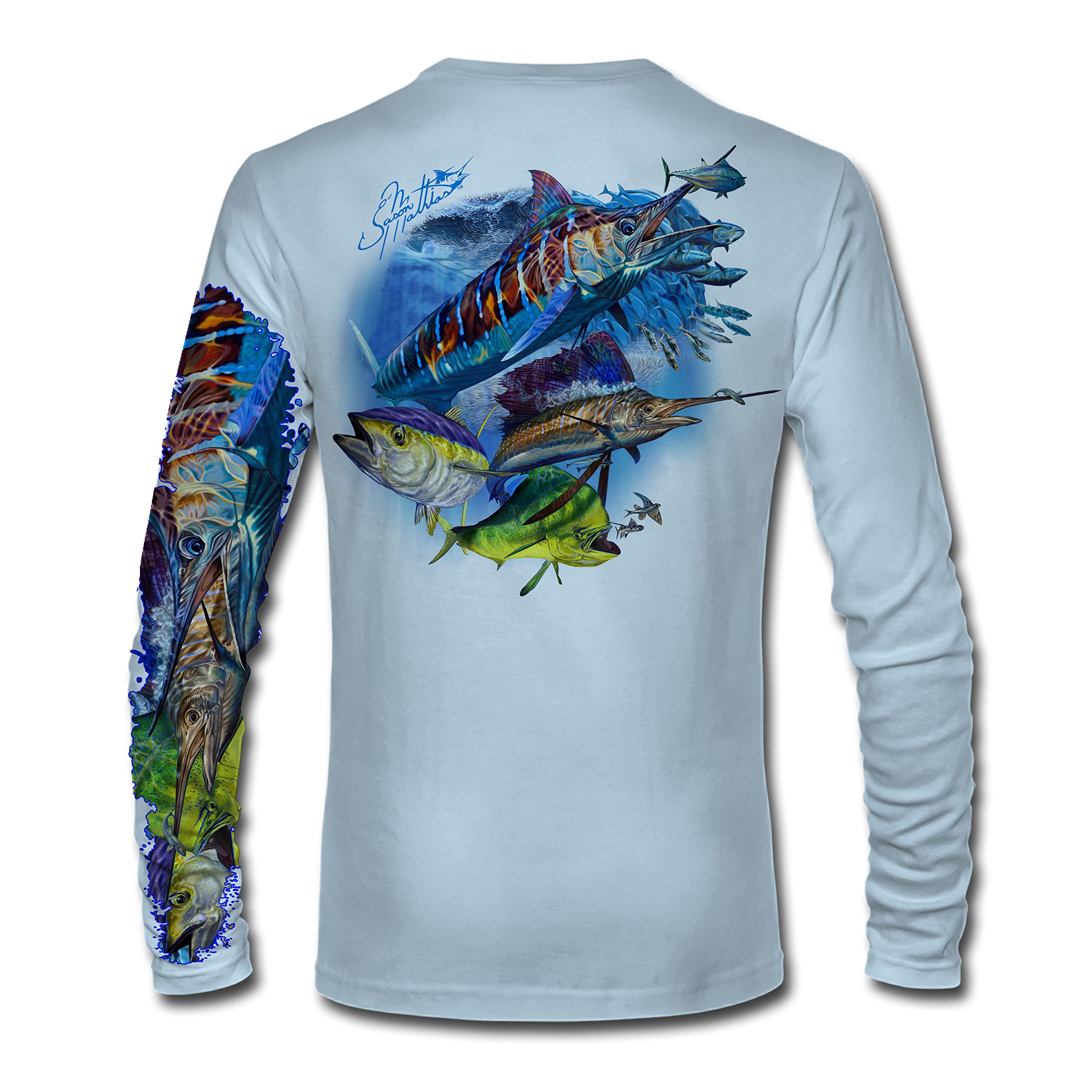 Strike Zone High Performance UPF 50+ Long Sleeve Fishing Shirt by Jason Mathias Art - Pelagic Slam Arctic Blue