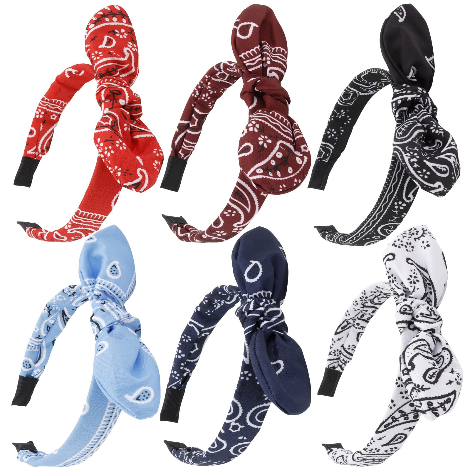 TOBATOBA 6 Pack Knotted Bow Headbands - Bunny Ears Top Knot Wire Headbands for Women, Girls, and Kids - Hair Accessories with Bandanas