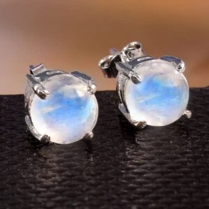 925 Sterling Silver Natural Round Rainbow Moonstone Delicate Stud Earring Gift Jewelry