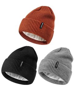 msdc beanies women 3 pack, winter hats for women men fleece lined knit warm thermal for cold weather, beanie for women fashionable skull cap(black+gray+dark orange)