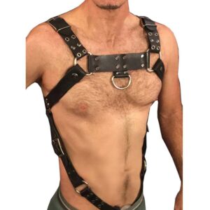 men leather body belts punk adjustable faux leather body chest belt clubwear with fancy buckles rings for gay