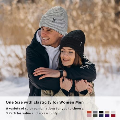 MSDC Beanies Women 3 Pack, Winter Hats for Women Men Fleece Lined Knit Warm Thermal for Cold Weather, Beanie for Women Fashionable Skull Cap(Black+Gray+Dark Orange)