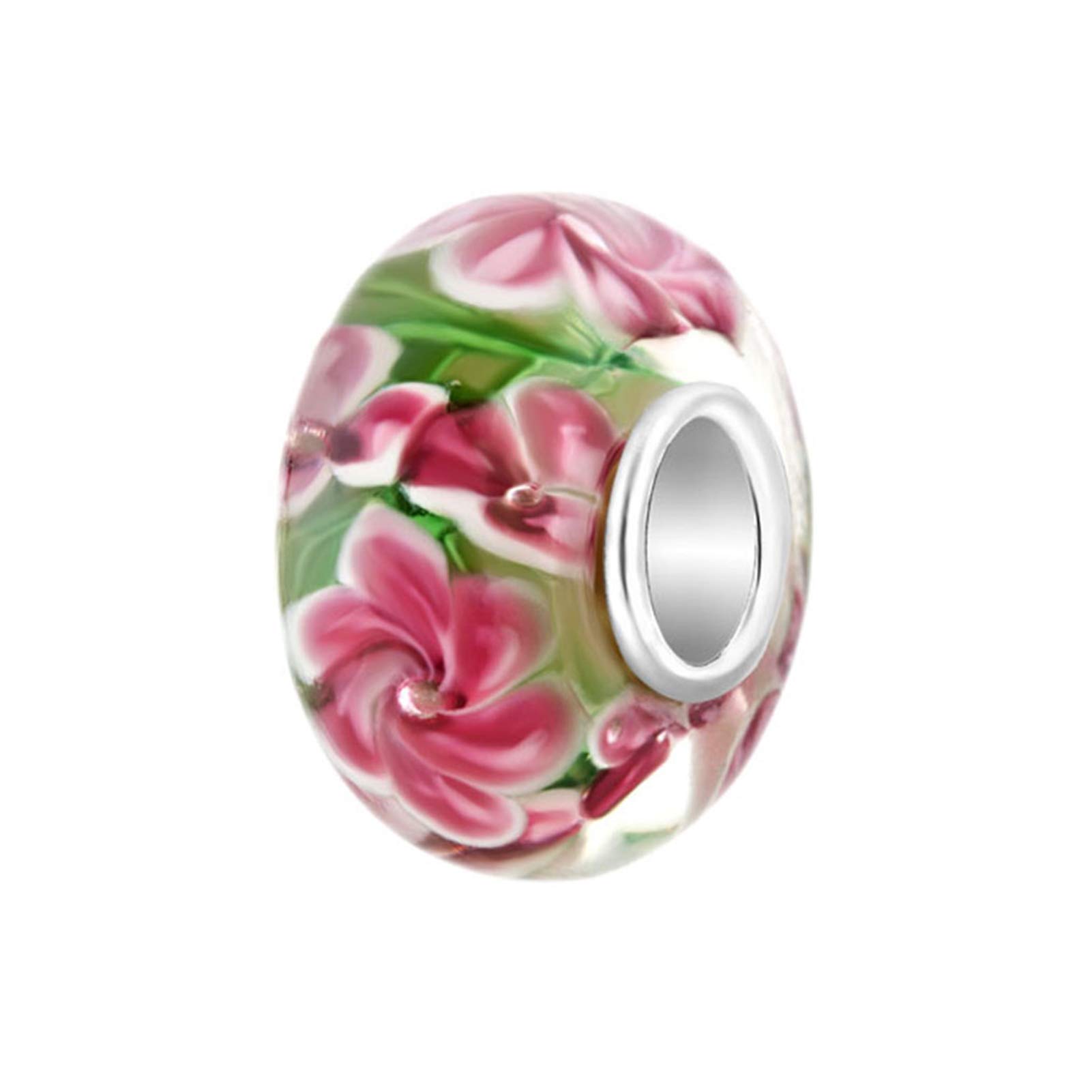 MiiFort Women Flower Spacer Murano Glass Charm Compatible with Pandora Bracelets Necklaces Pendants Rose Daisy Floral Pink Flowers