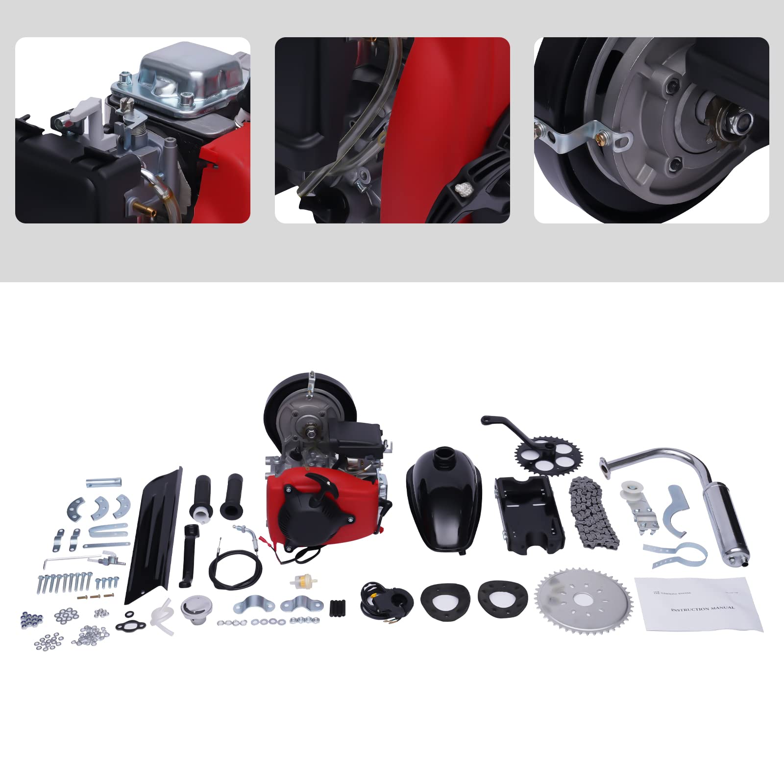 49cc Bicycle Engine Kit Single Cylinder Powerful Pull Start, 4 Stroke Gasoline Electric Bike Engine Scooter Belt Gear, Fit Most 26" Or 28" Bikes with V Frame