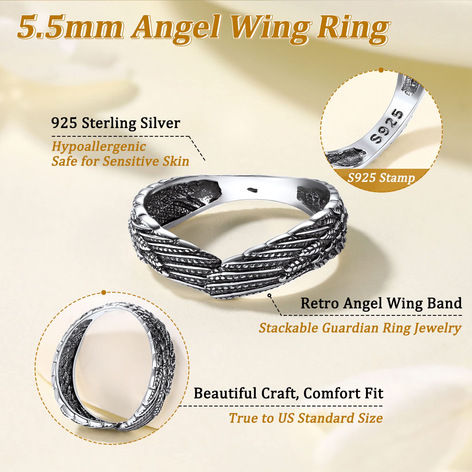 Suplight 925 Sterling Silver Angel Wings Band Rings, 5.5mm Retro Guardian Feather Angel Rings for Women Men Size 13