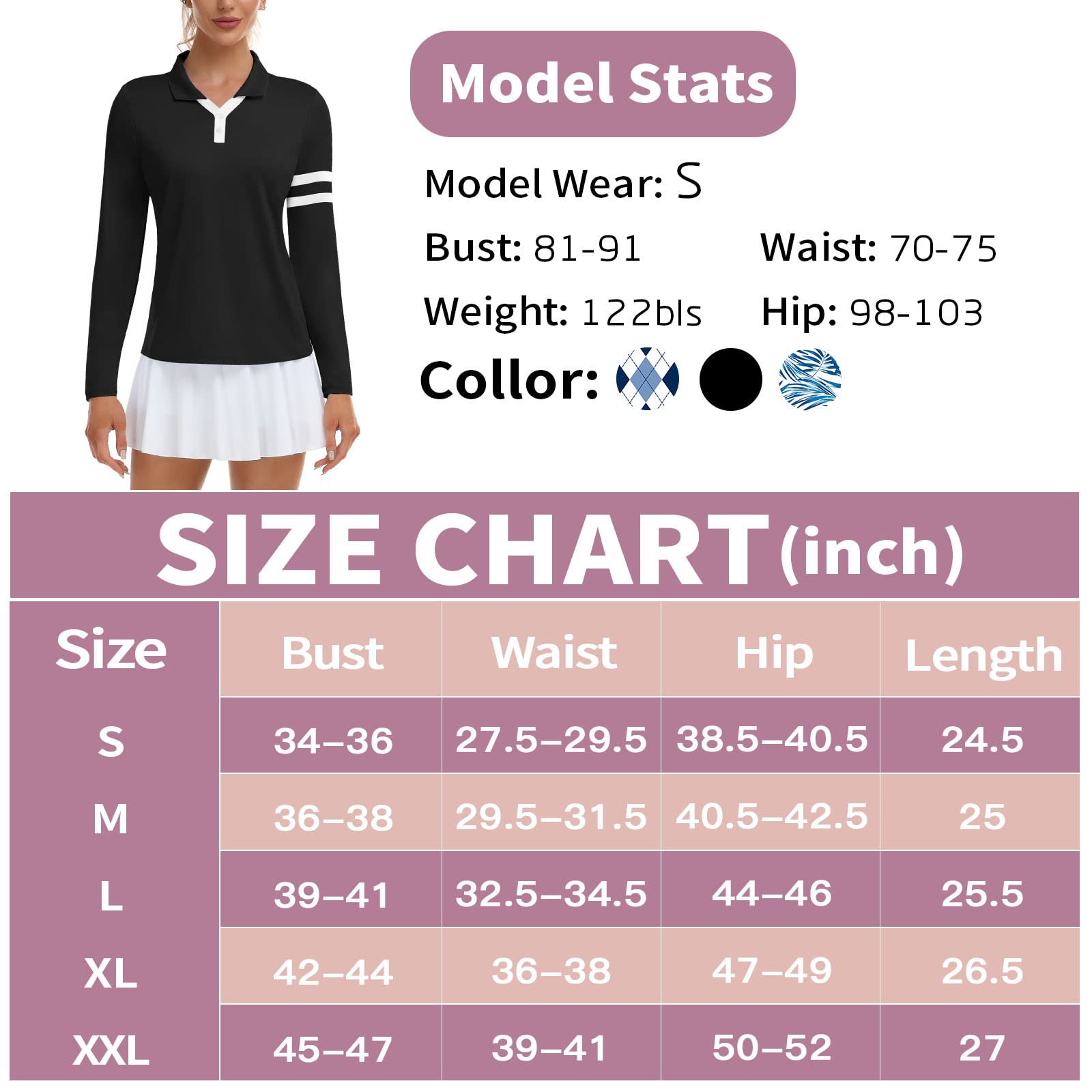 Soneven Womens Golf Shirts Moisture Wicking Long Sleeve Polo Shirts Collared V-Neck Golf Polos Shirts