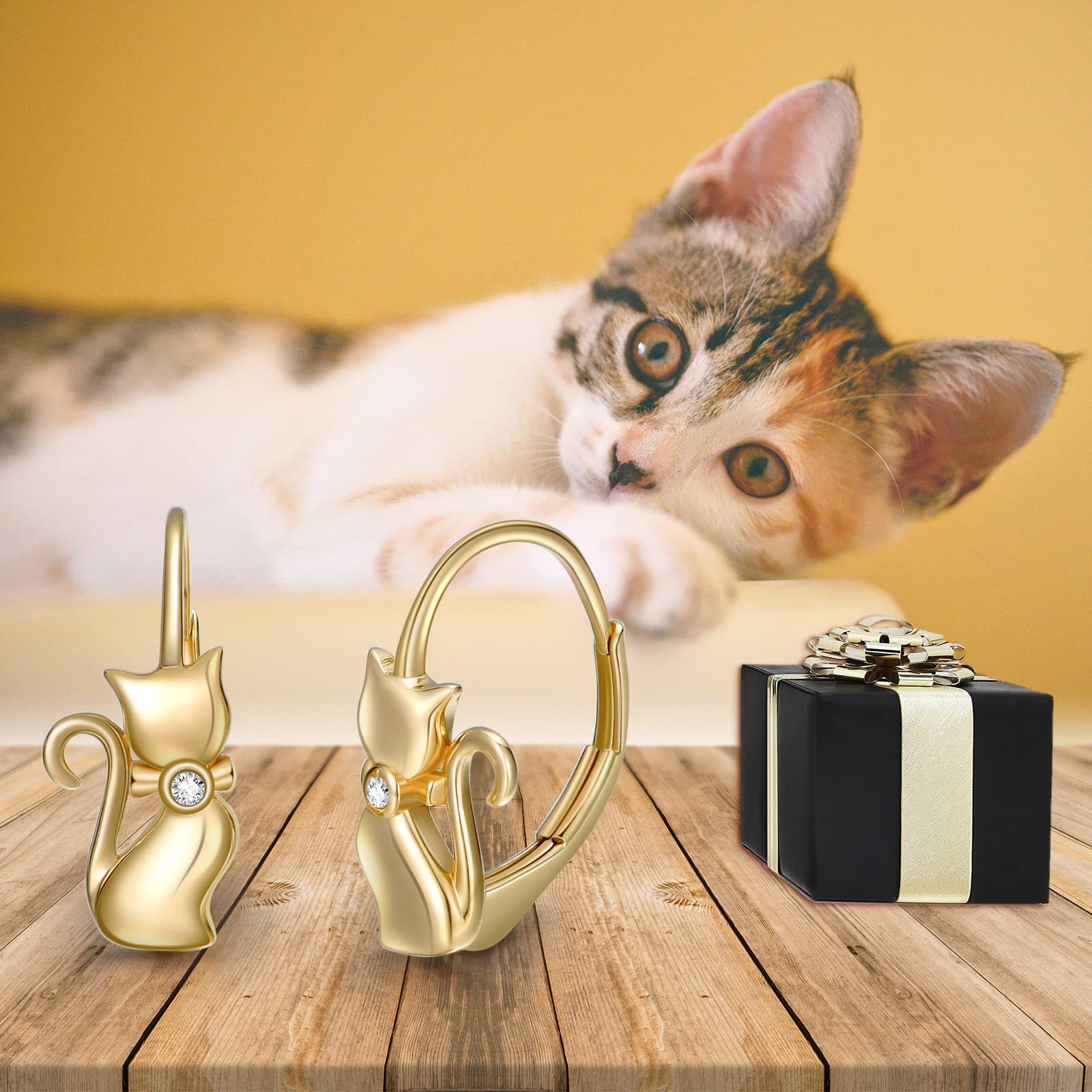 Cat Earrings 14k Yellow Gold Cute Animal Cat Leverback Earrings for Women Teens Girls Birthday Christmas Gifts