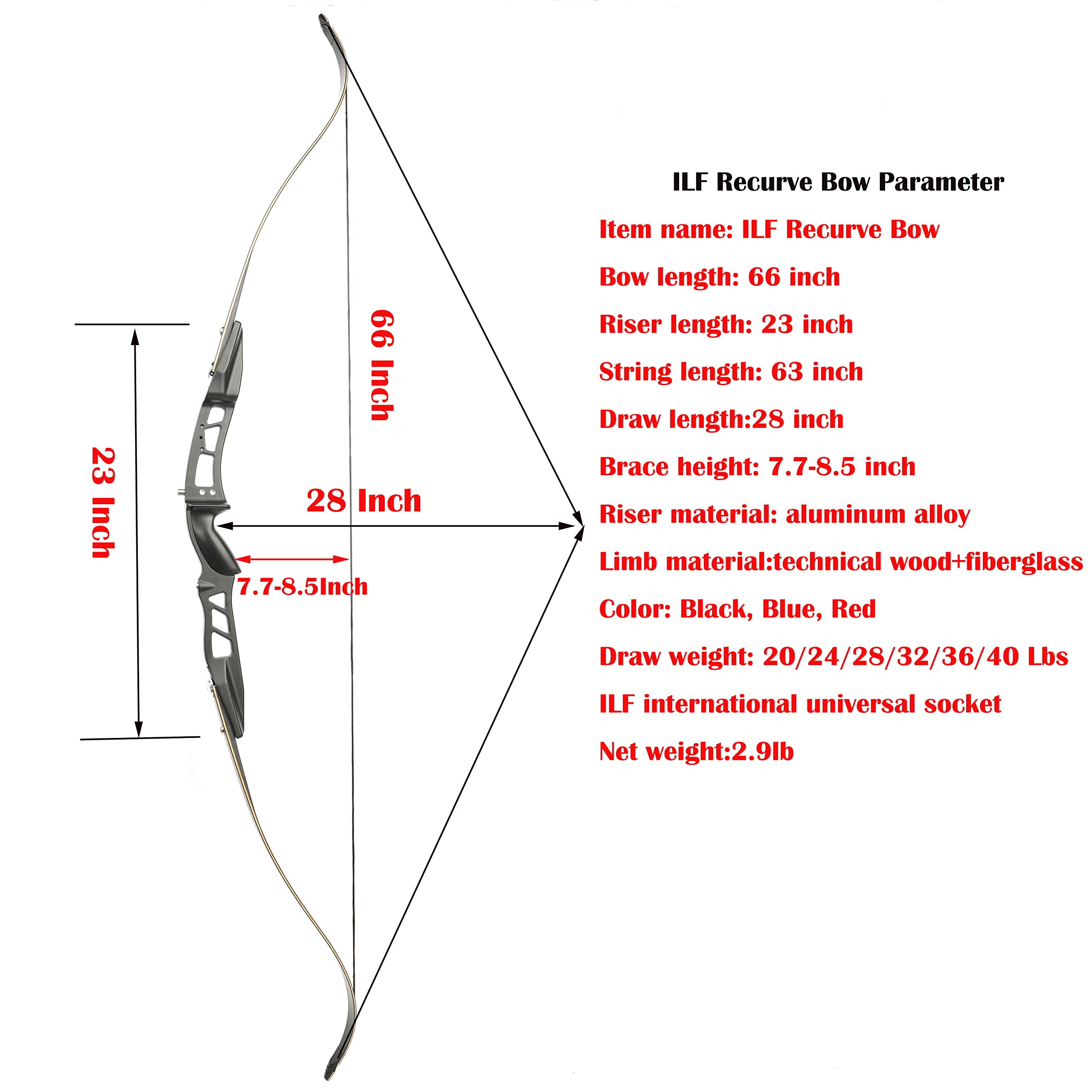 66 Inch ILF Recurve Bow 20-40Lbs Metal Riser Competition Athletic Recurve Bow ILF Bow Riser and Limbs Right Hand Hunting Longbow (32 Lbs, Blue/Type 2)