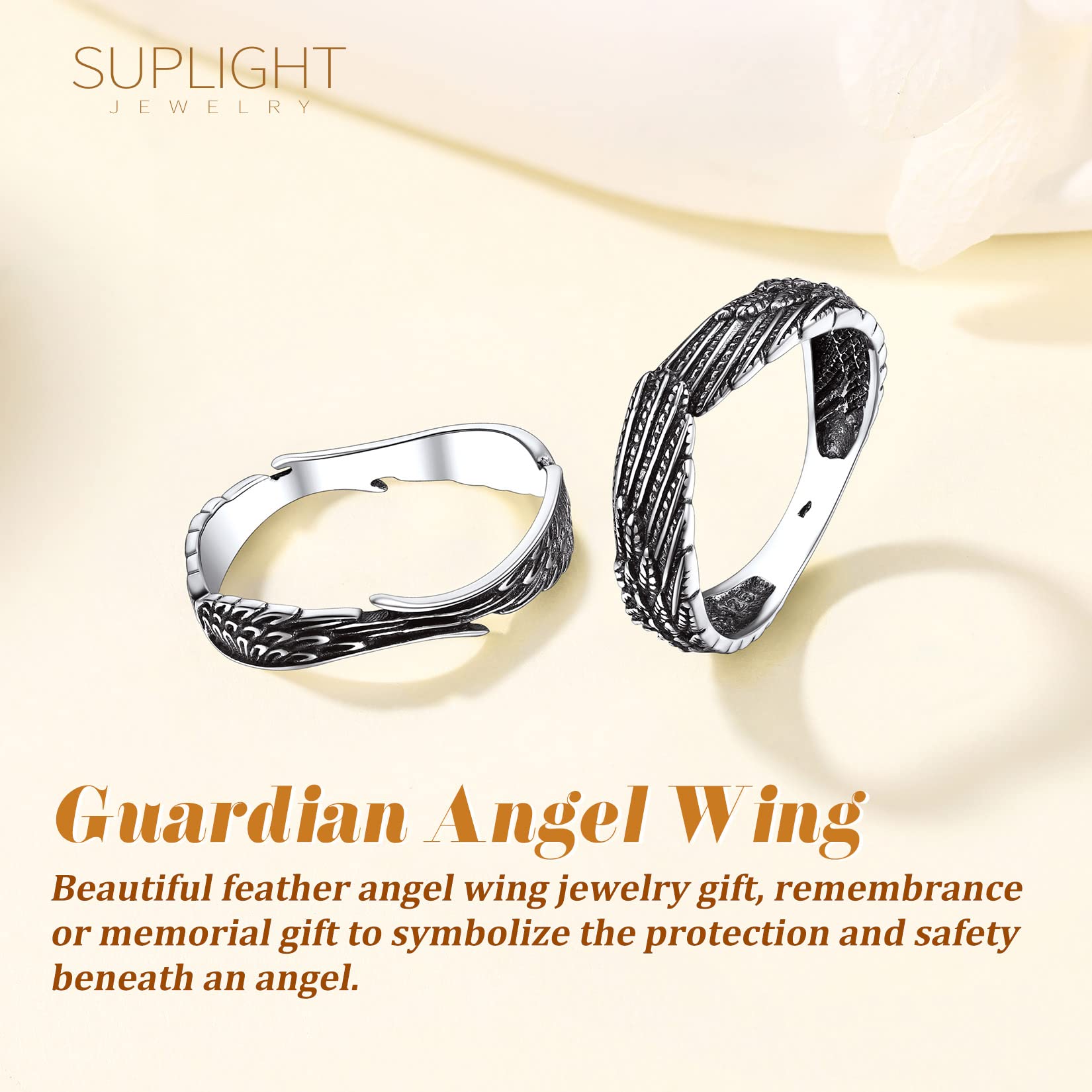 Suplight 925 Sterling Silver Angel Wings Band Rings, 5.5mm Retro Guardian Feather Angel Rings for Women Men Size 13