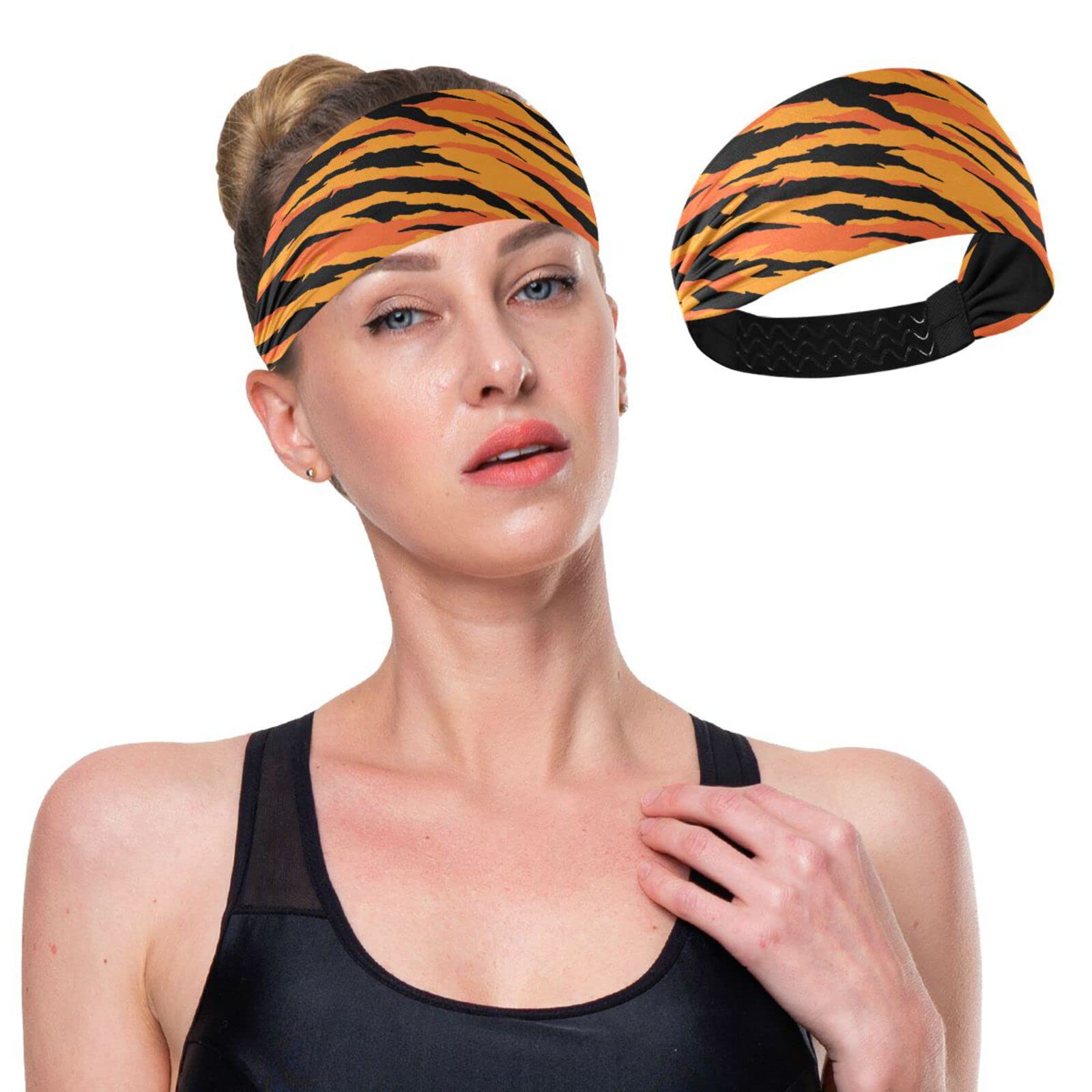 JHKKU Workout Headbands for Women in Tiger Print, Non Slip Breathable Headband, Sport Headbands, Sweatbands, Elastic Hair Bands for Yoga, Running, Outdoor Sports, Travel, Gym