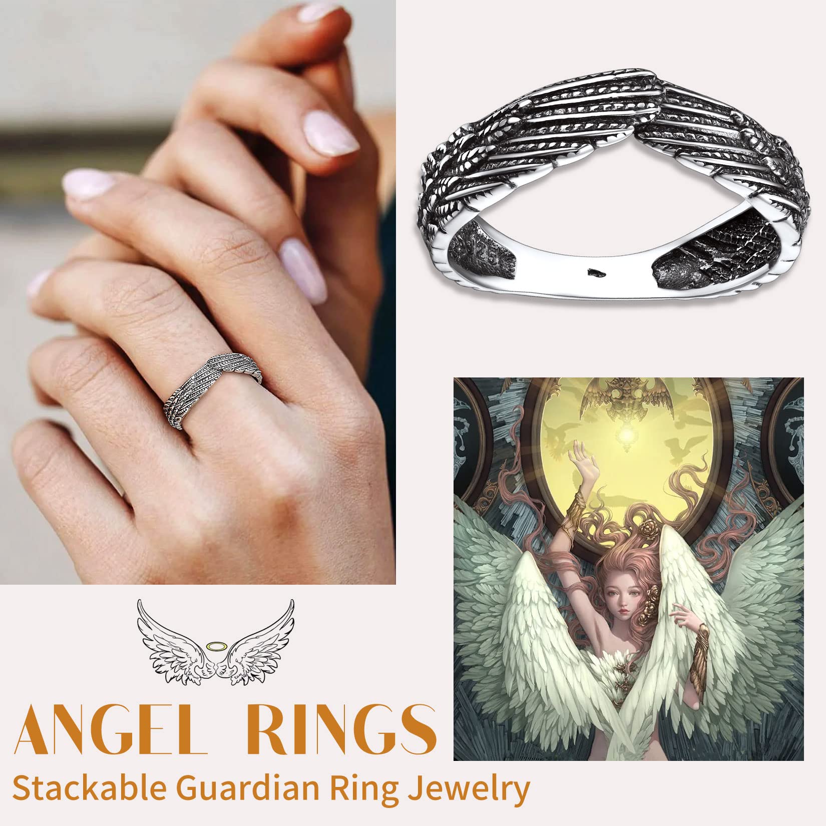 Suplight 925 Sterling Silver Angel Wings Band Rings, 5.5mm Retro Guardian Feather Angel Rings for Women Men Size 13