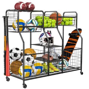 garage sports equipment organizer, ball storage rack, garage organizer system, indoor/outdoor sports rack, rolling sports ball storage cart with wheels, for basketballs footballs volleyball, black