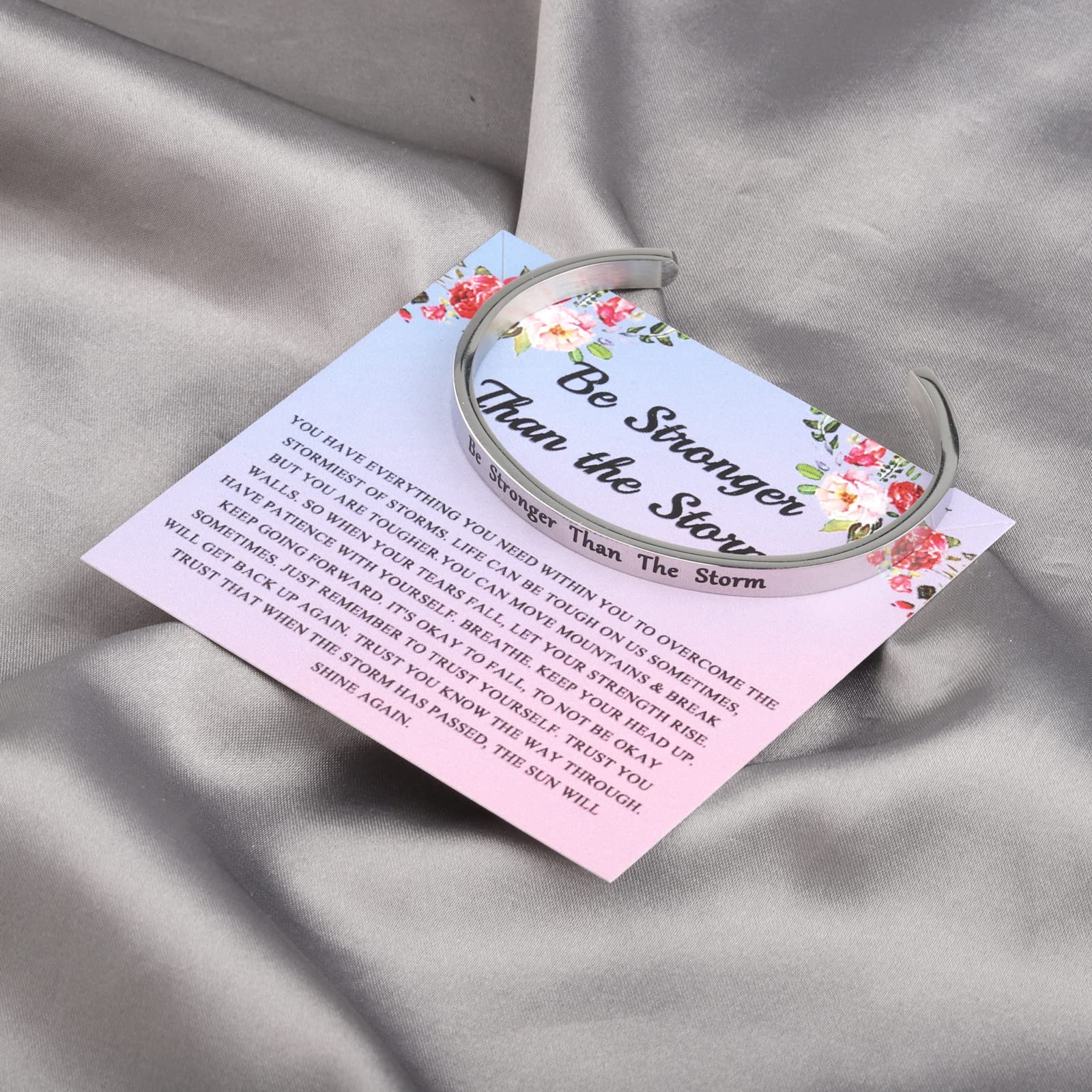 FEELMEM Encouragement Recovery Gifts Be Stronger Than the Storm Cuff Bangle Bracelet Cancer Survivor Awareness Gift Motivational Jewelry (Be Stronger-cuff)