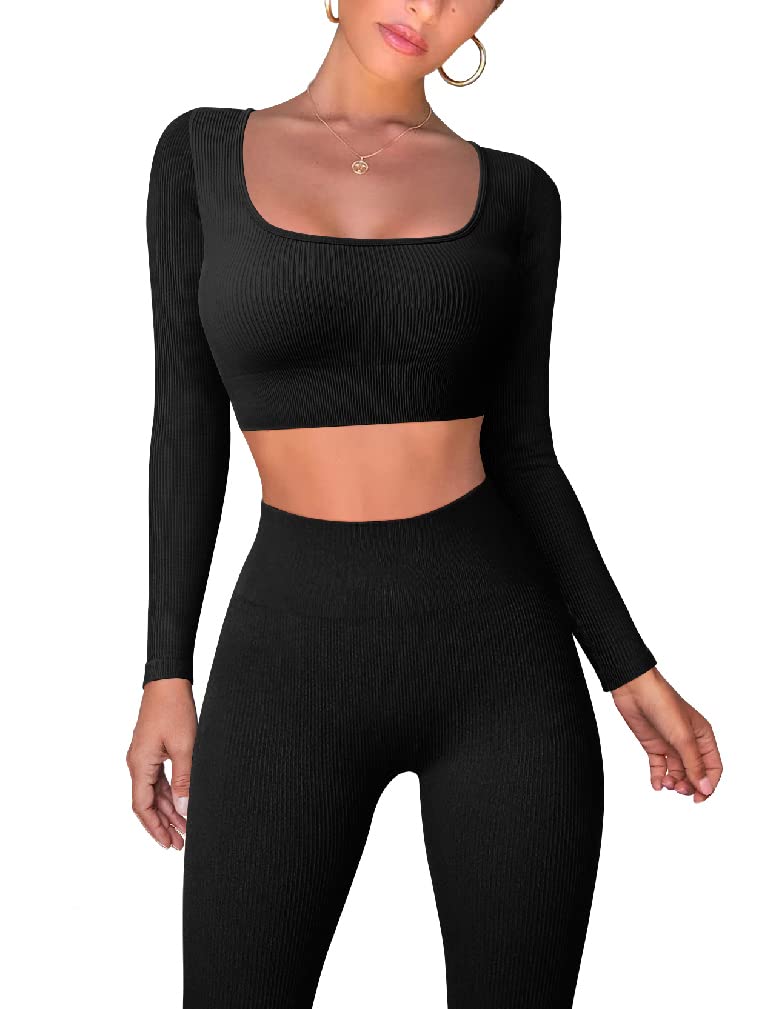 OQQ Workout Outfits for Women 2 Piece Ribbed Exercise Long Sleeve Tops High Waist Leggings Active Yoga Set Black