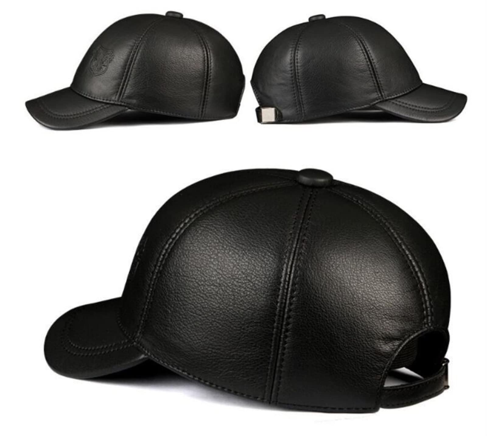 Winter Baseball Cap Retro Adjustable Hats, 100% Genuine Cowhide Leather Casual Warm Ear Protection, Unisex Outdoor Driving (Black)