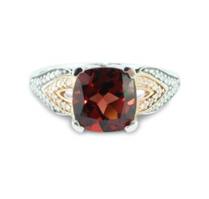 belantina heartland by beverley mitchell 10k rose gold with .925 sterling silver cushion cut garnet & diamond accented two tone flared band statement ring