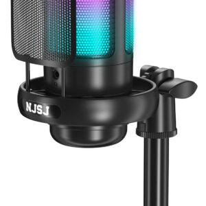 NJSJ USB Microphone for PC, Gaming Mic for PS4/ PS5/ Mac/Phone,Condenser Microphone with Touch Mute, RGB Lighting,Gain knob & Monitoring Jack for Streaming,Podcasting (with Desktop Stand, Black)