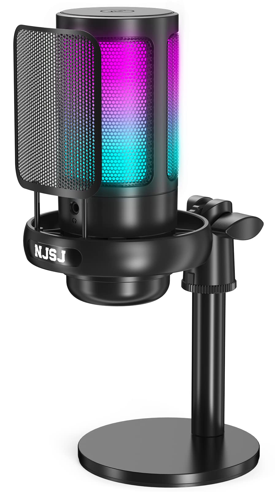 NJSJ USB Microphone for PC, Gaming Mic for PS4/ PS5/ Mac/Phone,Condenser Microphone with Touch Mute, RGB Lighting,Gain knob & Monitoring Jack for Streaming,Podcasting (with Desktop Stand, Black)