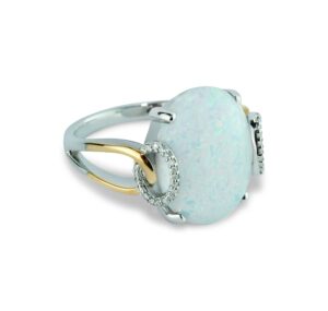 belantina heartland by beverley mitchell 10k rose gold with .925 sterling silver oval lab created opal cabochon & diamond accented statement ring (h-i color, i2-i3 clarity) - size 8