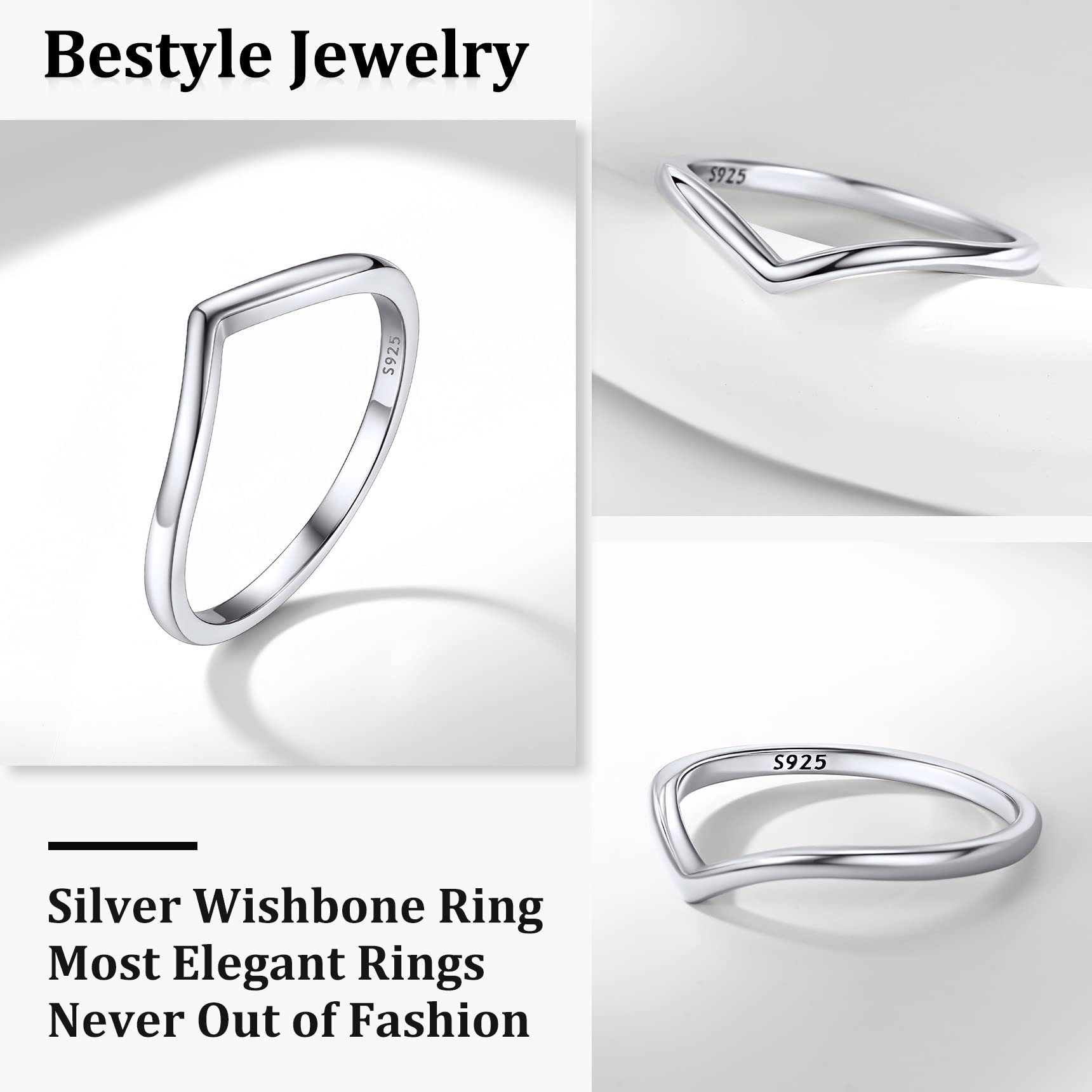 Bestyle Silver Women Rings Wishbone Ring Love Statement Band Ring for Mom Wife Daughter Sterling Silver Plain Knuckle Finger Rings V Shape Lucky Ring,Size 7