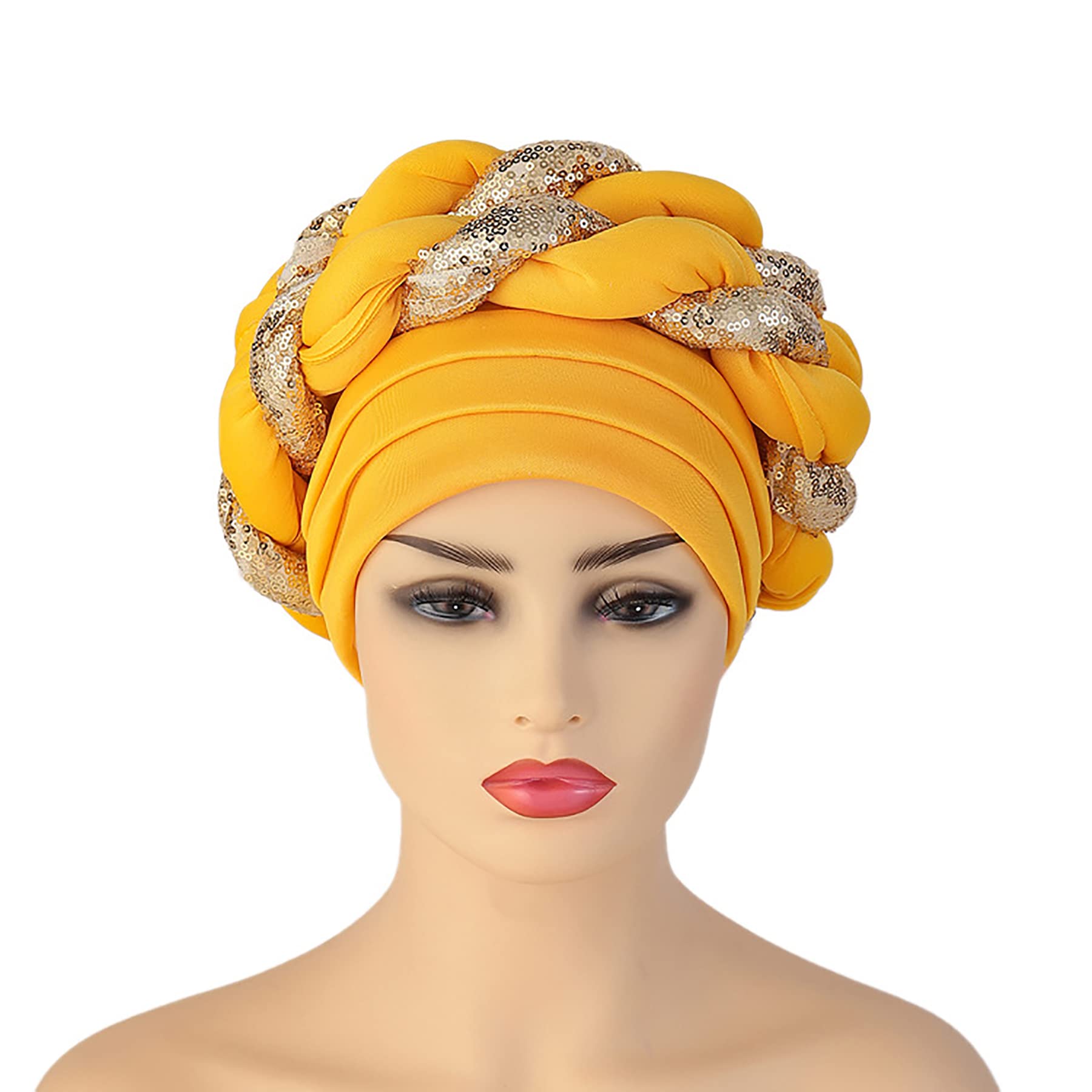 zhxinashu 2 Pcs African Hats for Black Women,Sequined African Head Wraps,Turbans for Women Fashion(White+Yellow)