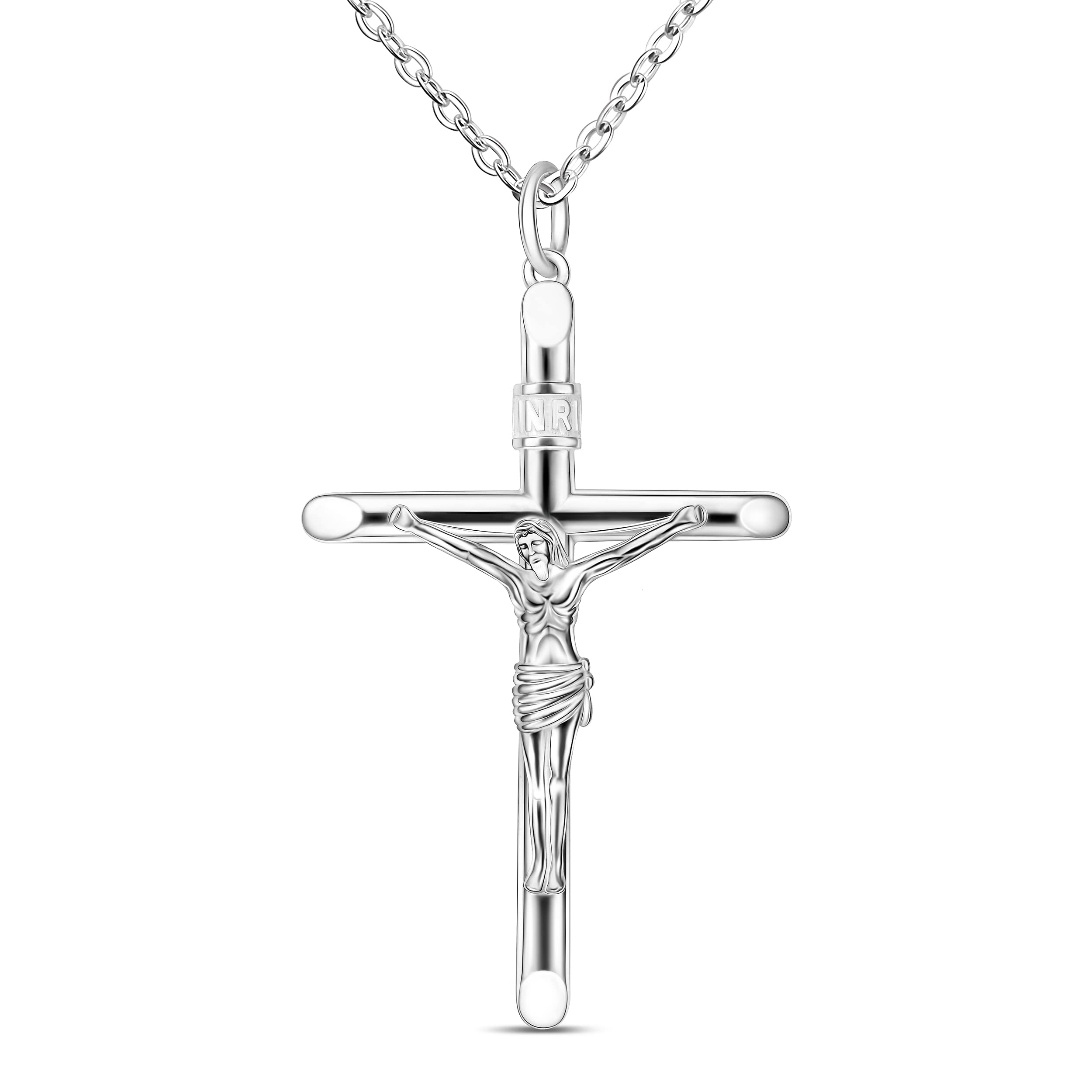 ELEGANZIA Sterling Silver Crucifix Necklace Women Cross Necklace for Men Catholic, Crucifix Pendant with Adjustable 22-24 Inch Silver Necklace Chain Cross Pendant