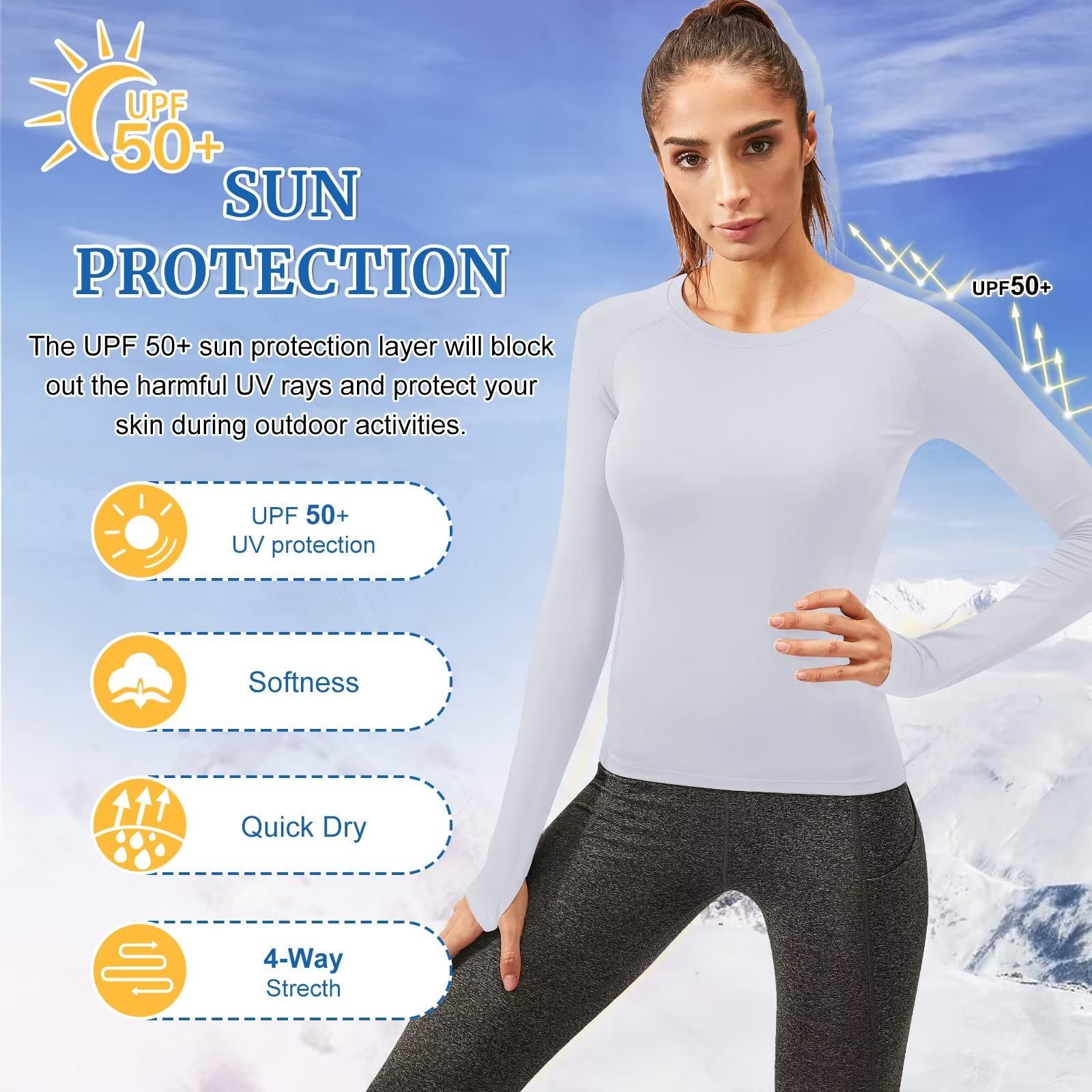 Womens Thermal Tops Long Sleeve Fleece Hiking Ski Base Layer Women Cold Weather Sports Gym Shirts Athletic Ladies Thermal Underwear Tops for Workout Running,Quick Dry Moisture Wicking 5021 White L