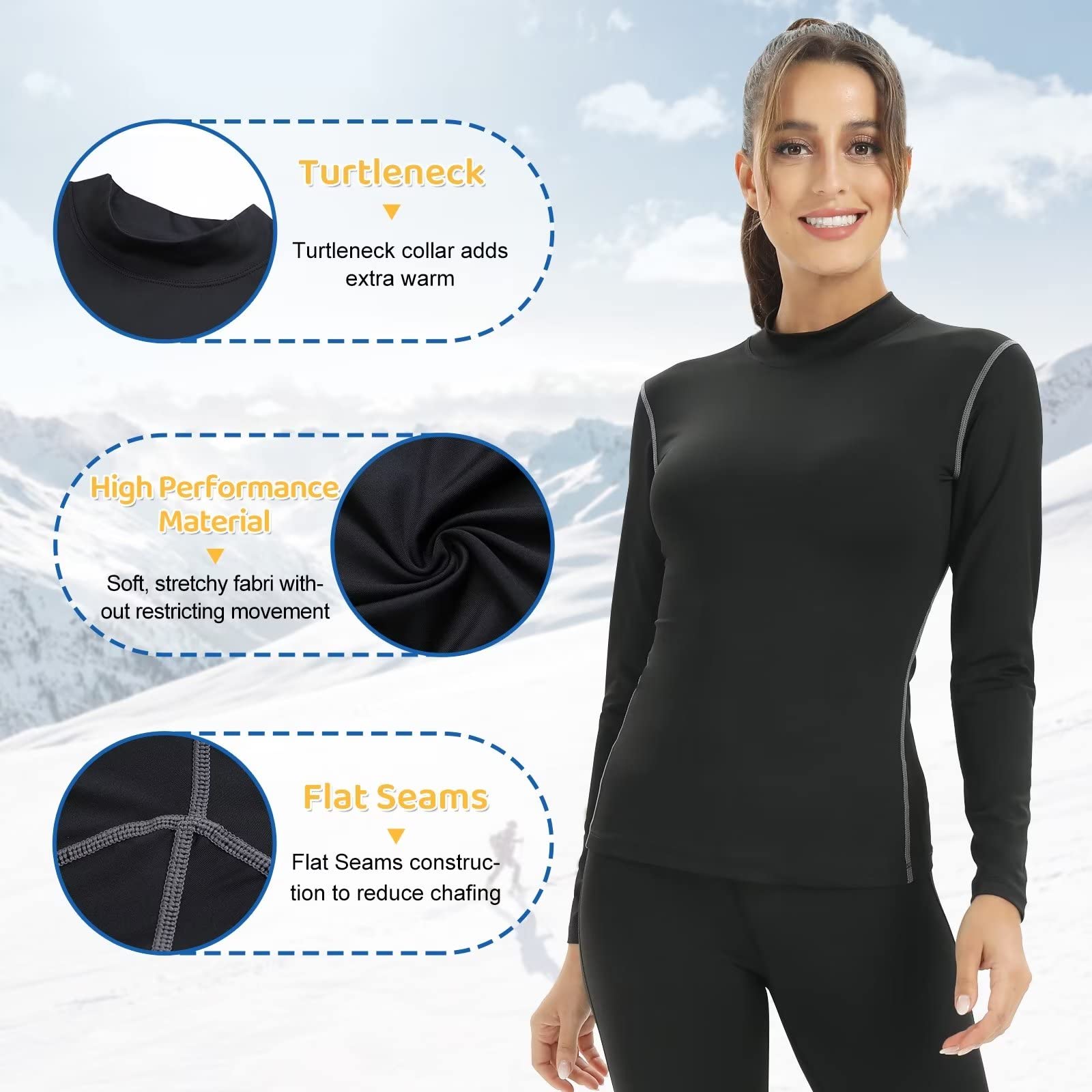 Tesuwel Long Sleeve Workout Shirts for Women Base Layer Top for Hiking Cycling Turtleneck Gym Running Athletic Shirts Women Under Scrubs Quick Dry Compression Shirts Women Underlayer 2119 Black S