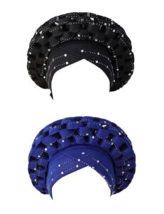 zhxinashu 2ps african women hats, turban head wraps for black women, nigerian elegant hats turban(black+blue)