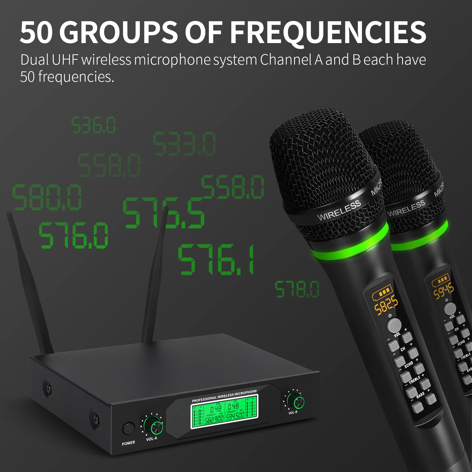 XTUGA Wireless Microphone System 50 Frequencies Rechargable Dual Mental Cordless Dynamic Microphone Set, 290ft, Echo,Treble,Bass for DJ/Church/Karaoke/Wedding/Party Home KTV Set