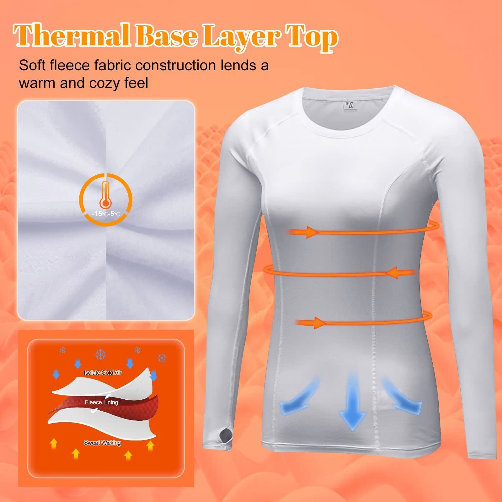 Womens Thermal Tops Long Sleeve Fleece Hiking Ski Base Layer Women Cold Weather Sports Gym Shirts Athletic Ladies Thermal Underwear Tops for Workout Running,Quick Dry Moisture Wicking 5021 White L