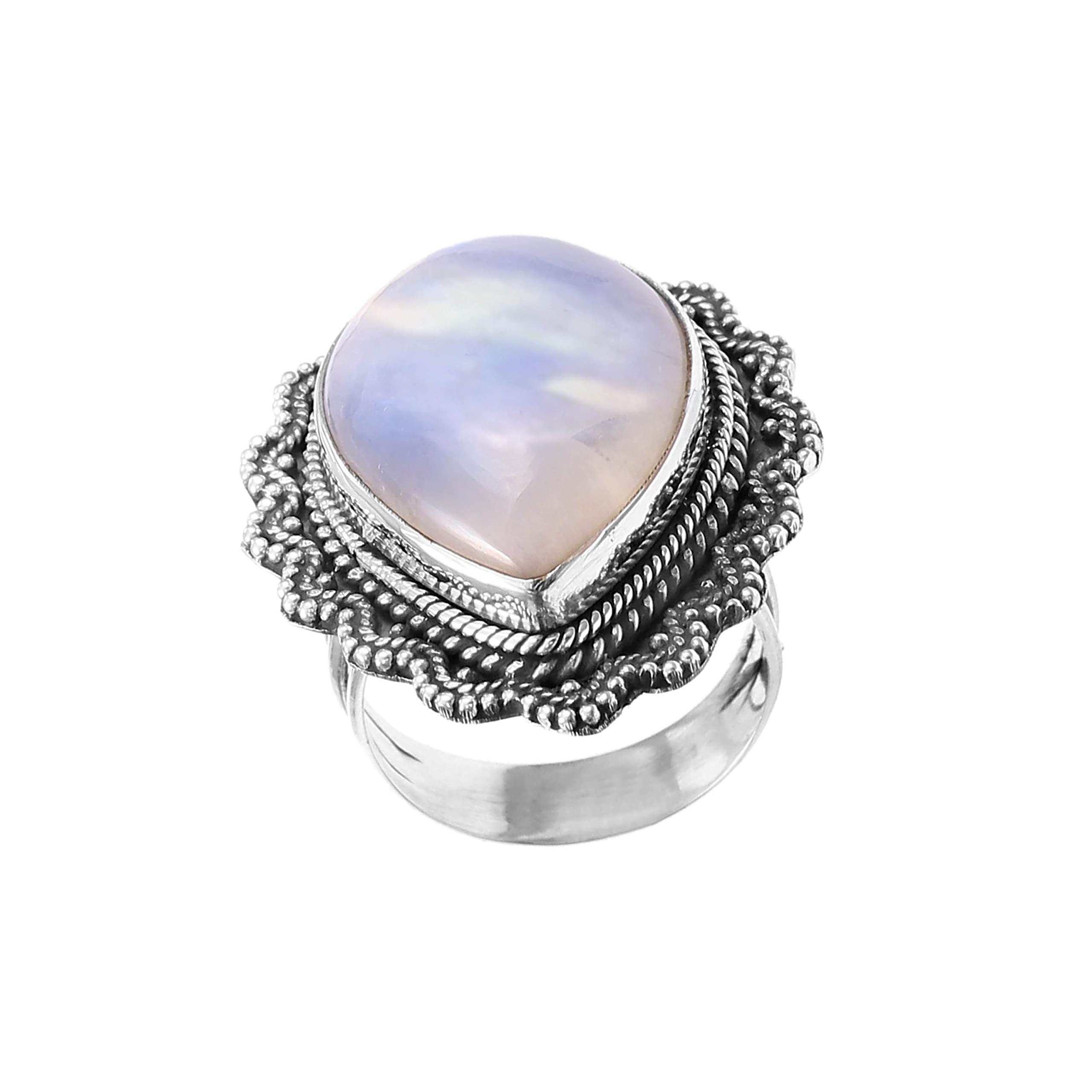 Queen look rainbow moonstone Bohemian ring gemstone 925 sterling silver ring Silver band jewelry (10.5)