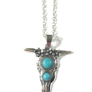 Silver Plated Longhorn Bull Skull Buffalo 2" Pendant, Faux Turquoise Cabochon Gift Boxed