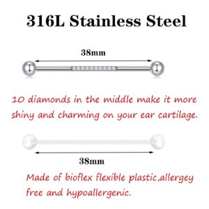 JIESIBAO Industria Bar Piercing Kit,14G Silver Industrial Earrings Surgical Steel Industrial Barbell with CZ Cartilage Earring Piercing Clamps Needles Kit 1 1/2 Inch 38mm