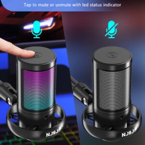 NJSJ USB Microphone for PC, Gaming Mic for PS4/ PS5/ Mac/Phone,Condenser Microphone with Touch Mute, RGB Lighting,Gain knob & Monitoring Jack for Streaming,Podcasting (with Desktop Stand, Black)