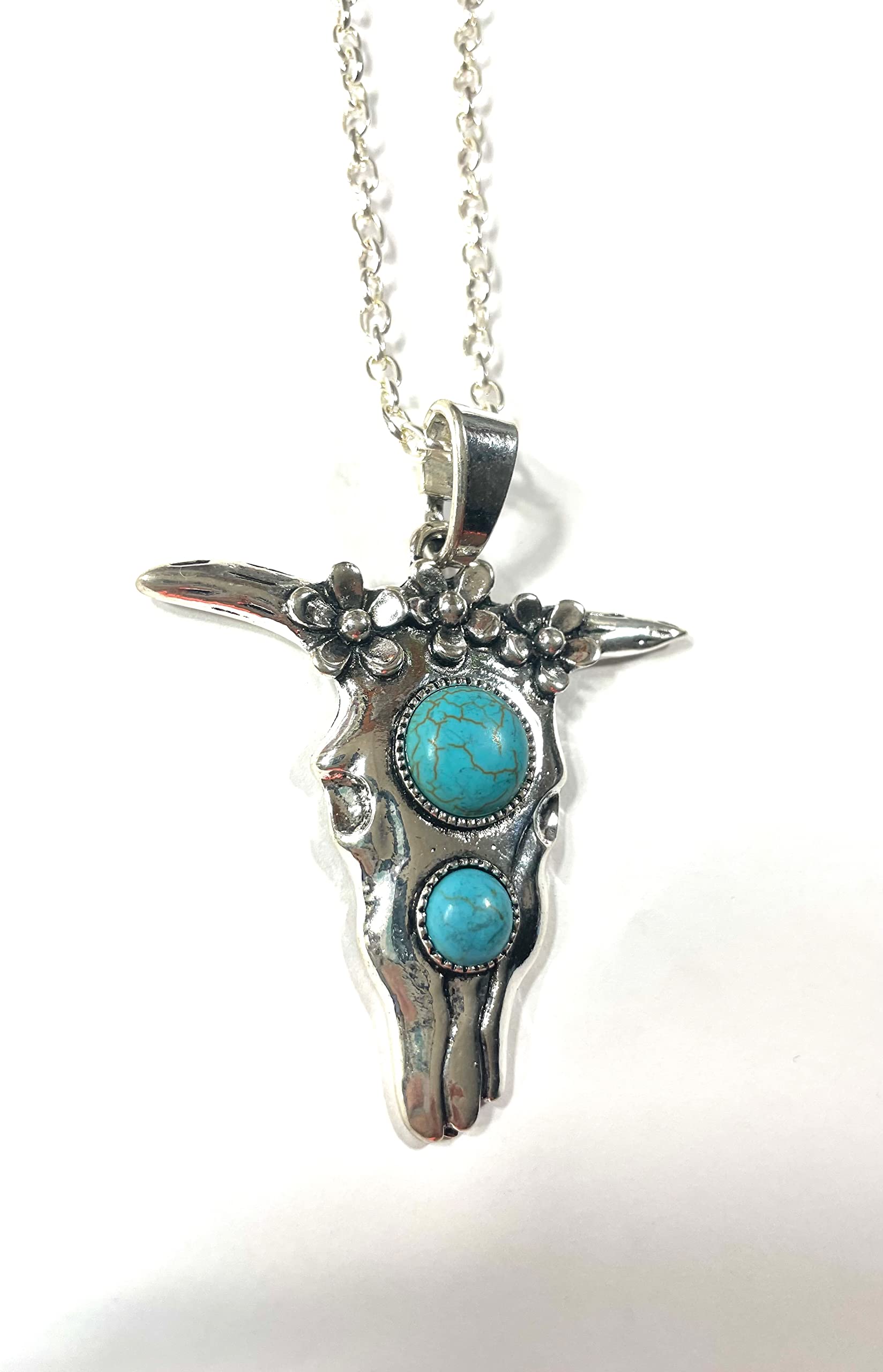 Silver Plated Longhorn Bull Skull Buffalo 2" Pendant, Faux Turquoise Cabochon Gift Boxed