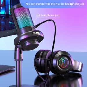 NJSJ USB Microphone for PC, Gaming Mic for PS4/ PS5/ Mac/Phone,Condenser Microphone with Touch Mute, RGB Lighting,Gain knob & Monitoring Jack for Streaming,Podcasting (with Desktop Stand, Black)