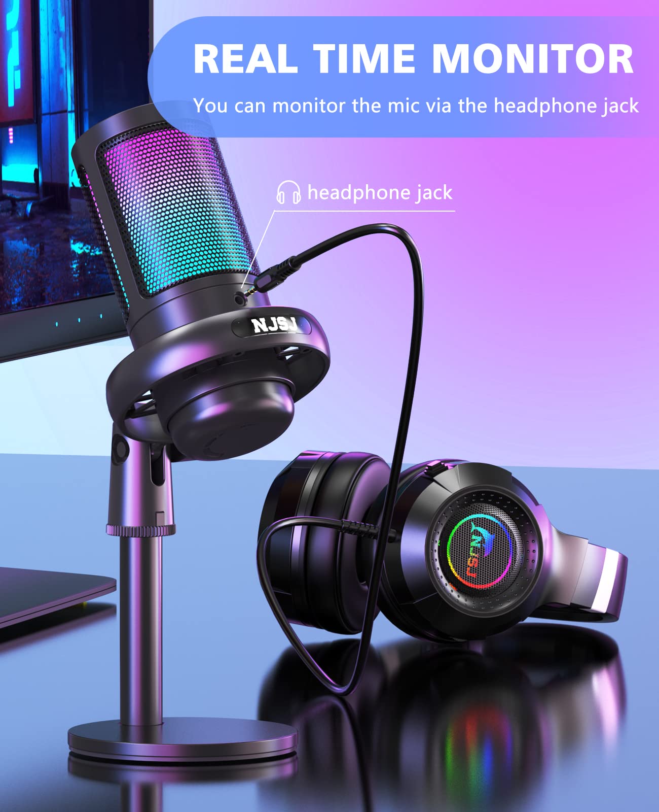 NJSJ USB Microphone for PC, Gaming Mic for PS4/ PS5/ Mac/Phone,Condenser Microphone with Touch Mute, RGB Lighting,Gain knob & Monitoring Jack for Streaming,Podcasting (with Desktop Stand, Black)