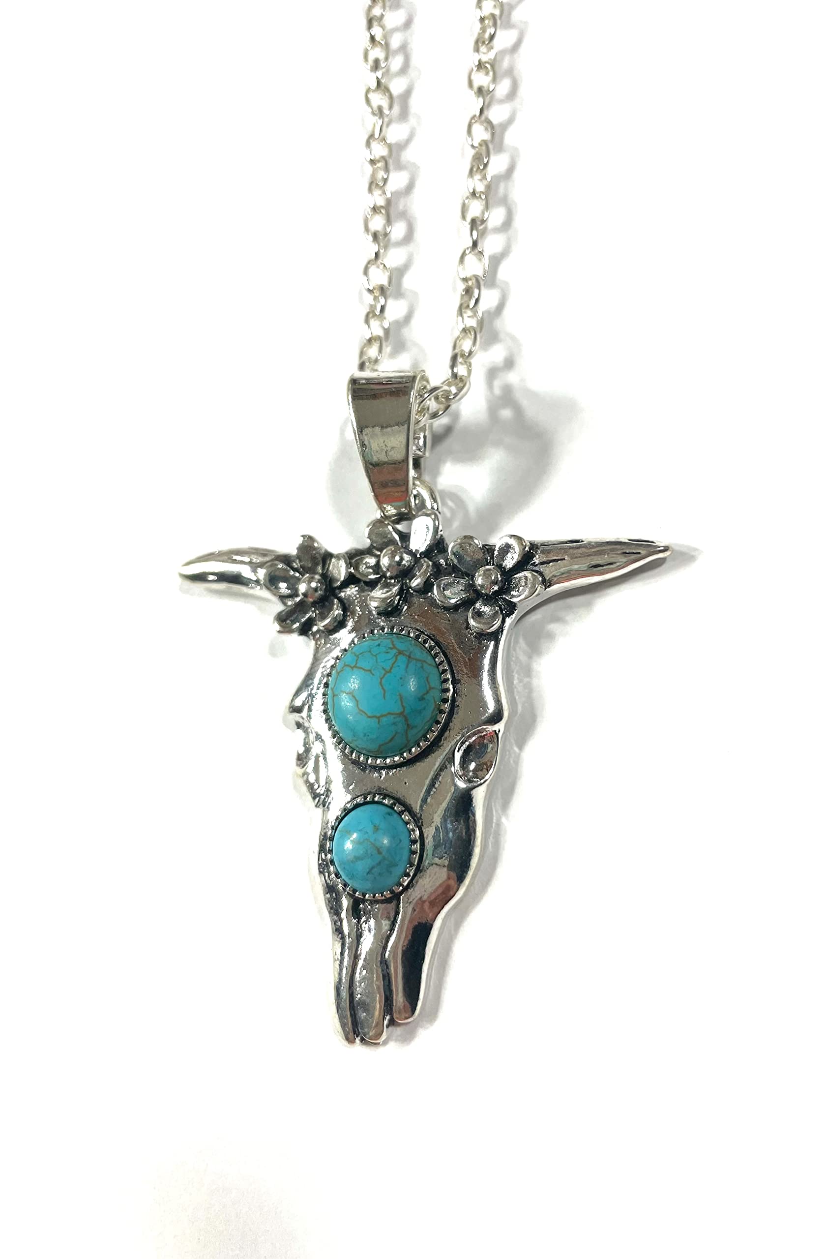 Silver Plated Longhorn Bull Skull Buffalo 2" Pendant, Faux Turquoise Cabochon Gift Boxed