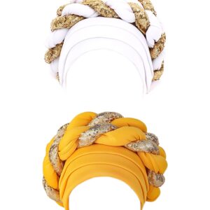 zhxinashu 2 Pcs African Hats for Black Women,Sequined African Head Wraps,Turbans for Women Fashion(White+Yellow)