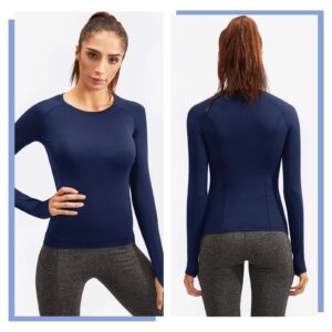 Womens Thermal Tops Long Sleeve Fleece Hiking Ski Base Layer Women Cold Weather Sports Gym Shirts Athletic Ladies Thermal Underwear Tops for Workout Running,Quick Dry Moisture Wicking 5021 Navy M