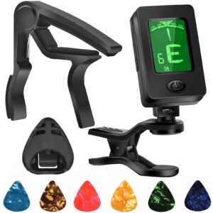 guitar tuner, guitar accessories with guitar picks, guitar capo, capo for acoustic guitar, bass, buzzing-free, quick release, guitar tuner clip on for guitar, violin, bass, ukulele chromatic