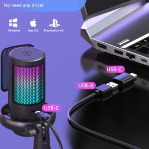 NJSJ USB Microphone for PC, Gaming Mic for PS4/ PS5/ Mac/Phone,Condenser Microphone with Touch Mute, RGB Lighting,Gain knob & Monitoring Jack for Streaming,Podcasting (with Desktop Stand, Black)